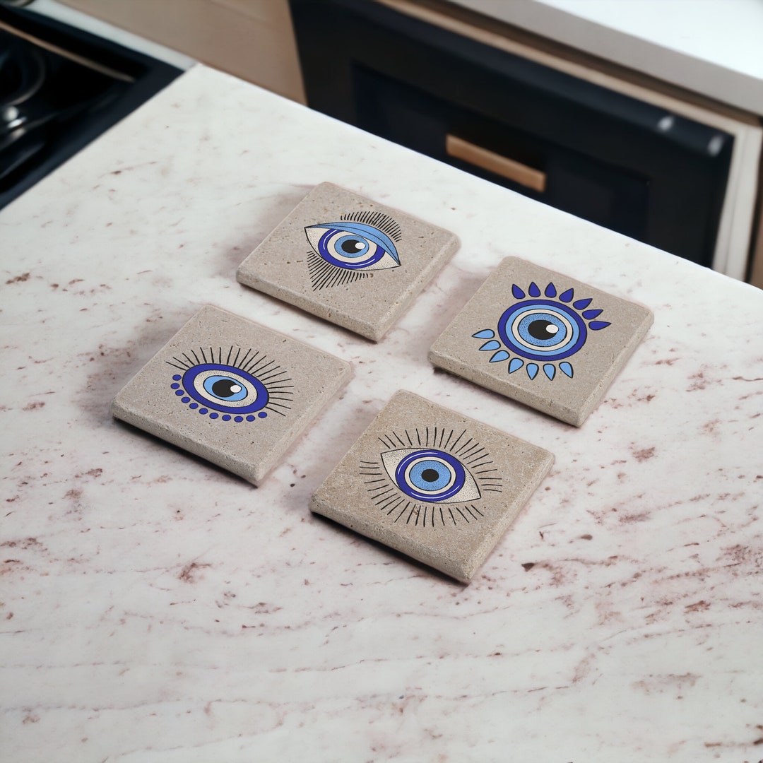 Evil Eye Stone Coasters, Cork Backing Stone Coasters Set of 4, Good ...