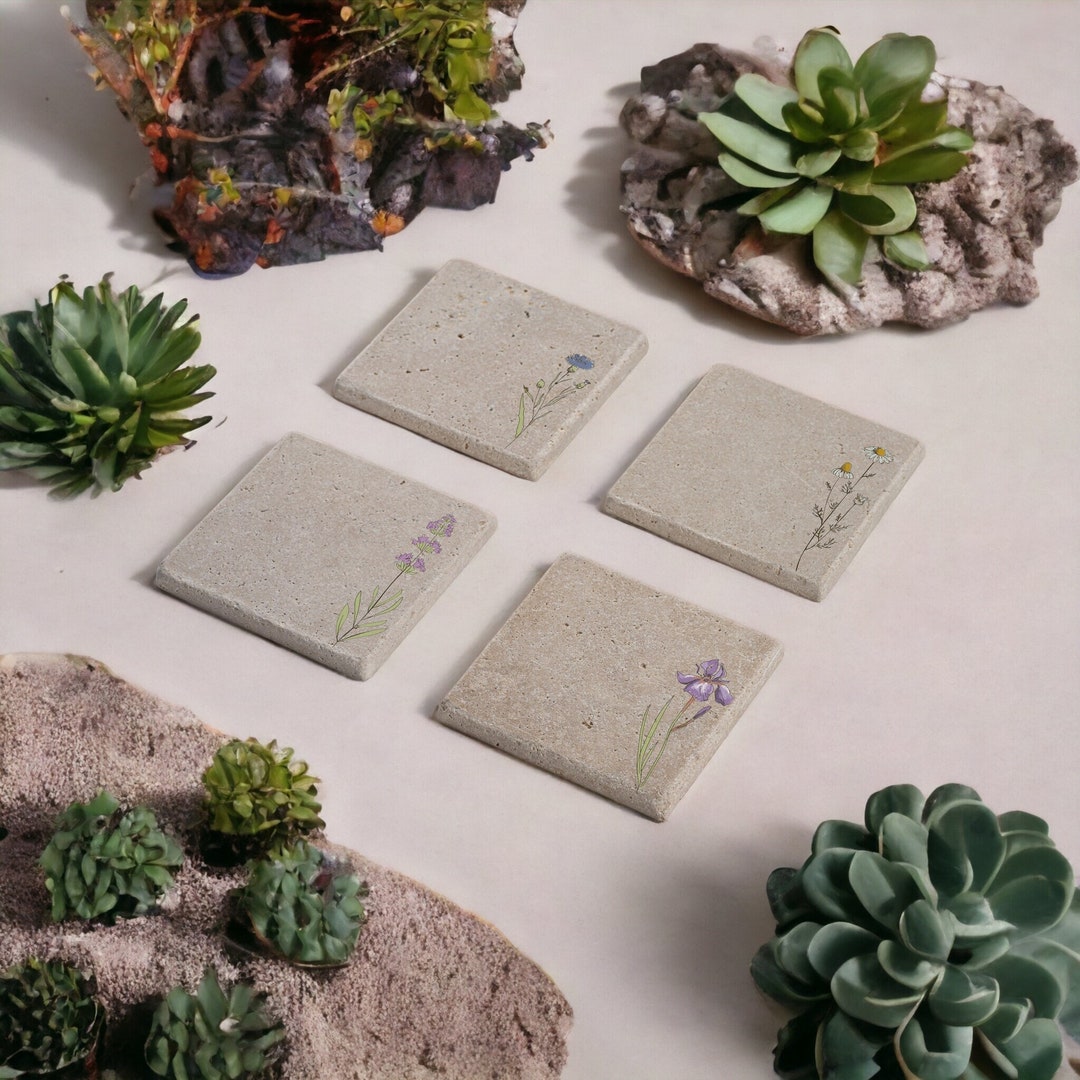 Wildflowers Stone Coasters With Cork Backing, Flowers Coasters Set of 4 ...