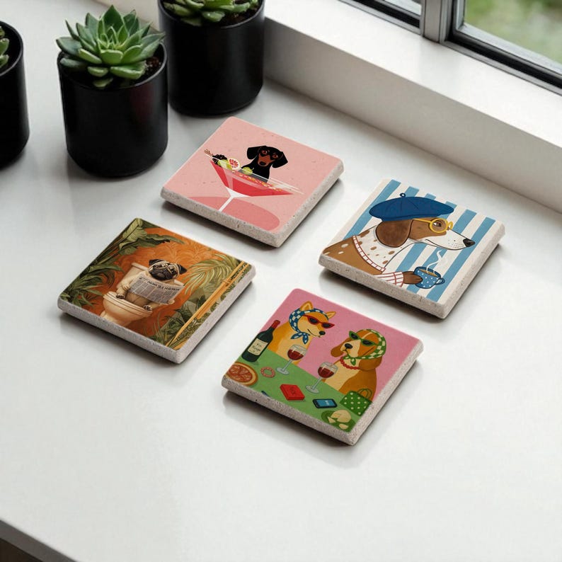 Dog Illustration Stone Coaster Set, Dogs Wood Coasters, Animal Lover ...