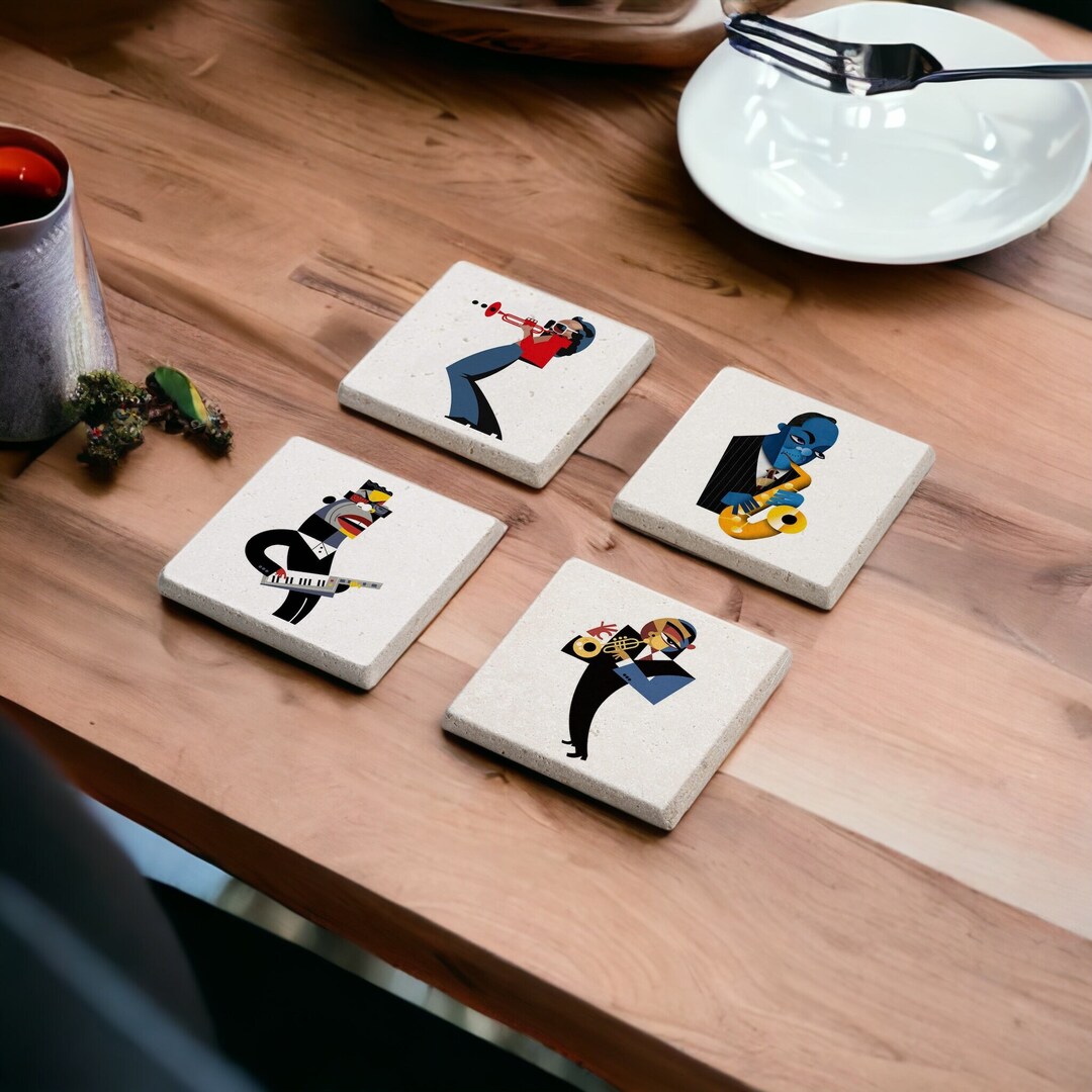 Musician Art Stone Coasters Set, Music Instrument Wood Coasters ...