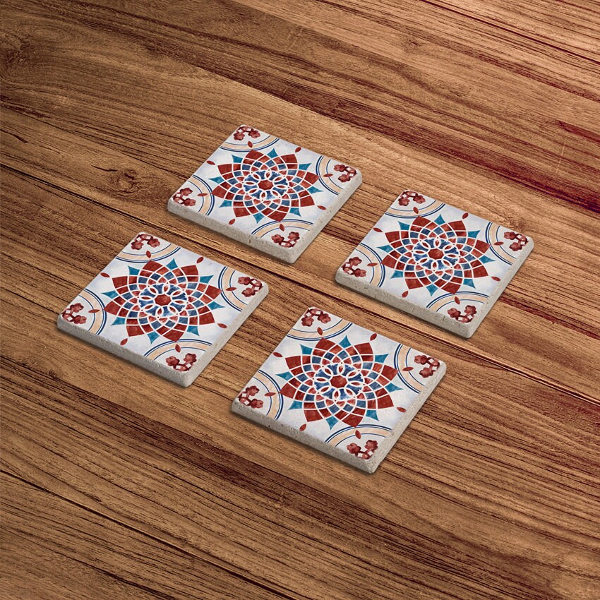 Red Blue Tile Stone Coaster Set, Mexican Talavera Tile Wood Coasters ...