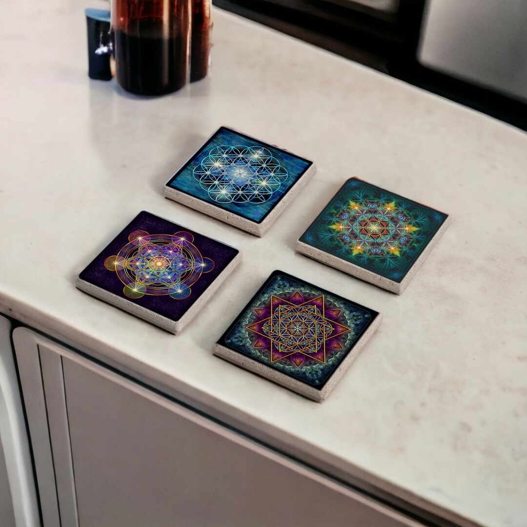 Colored Sacred Geometry Coasters, Metatron Cube Stone Coasters, Flower ...