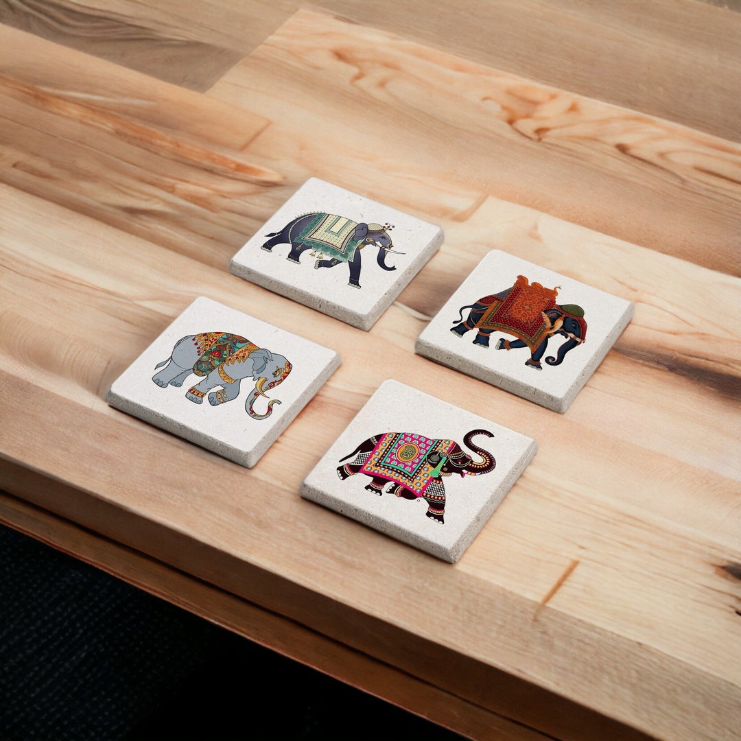 Elephant Art Stone Coasters Set, Indian Elephant Wood Coasters Set ...