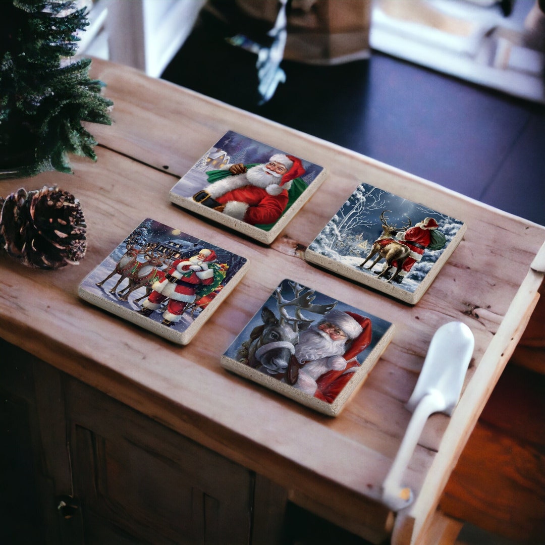 Santa Claus Stone Coasters, Santa Claus Wood Coaster Set, Christmas ...