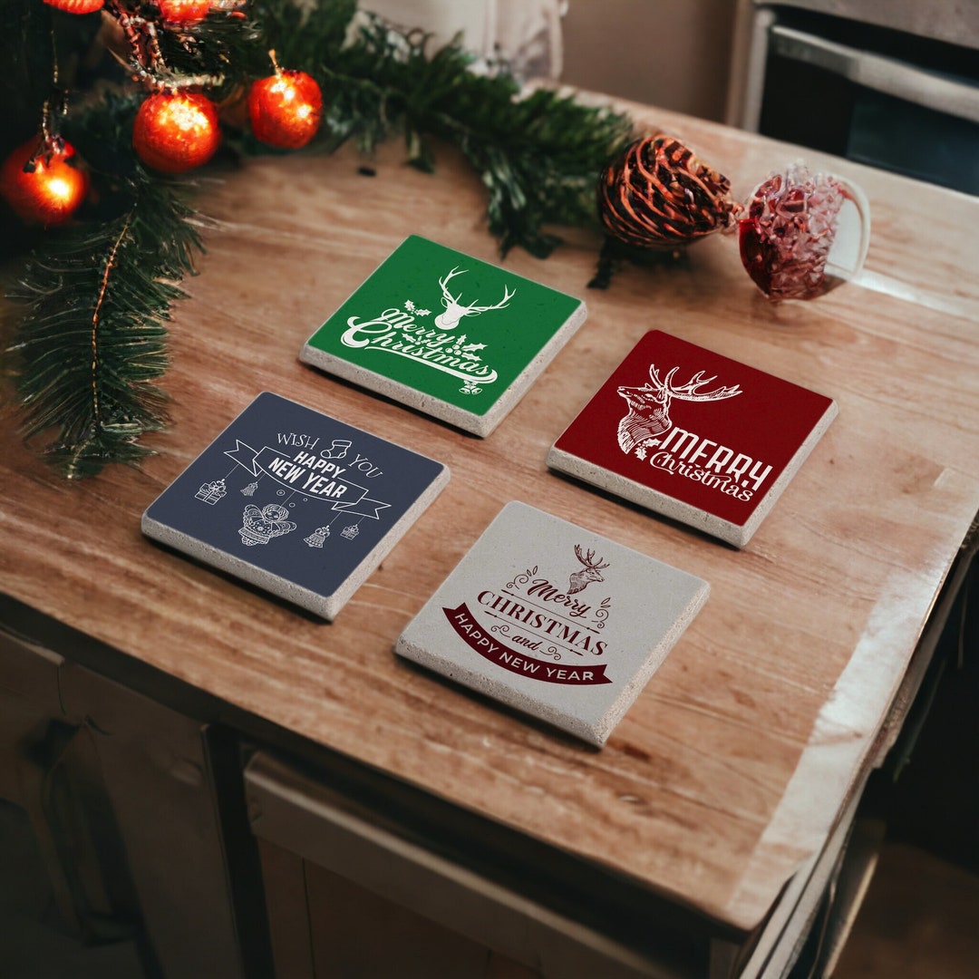 Merry Christmas Stone Coasters, Noel Coaster Set, Christmas Wood ...