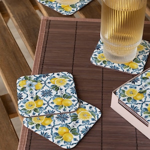 Mediterranean Lemon Tile, Watercolor Lemon Stone Coasters, Lemon ...