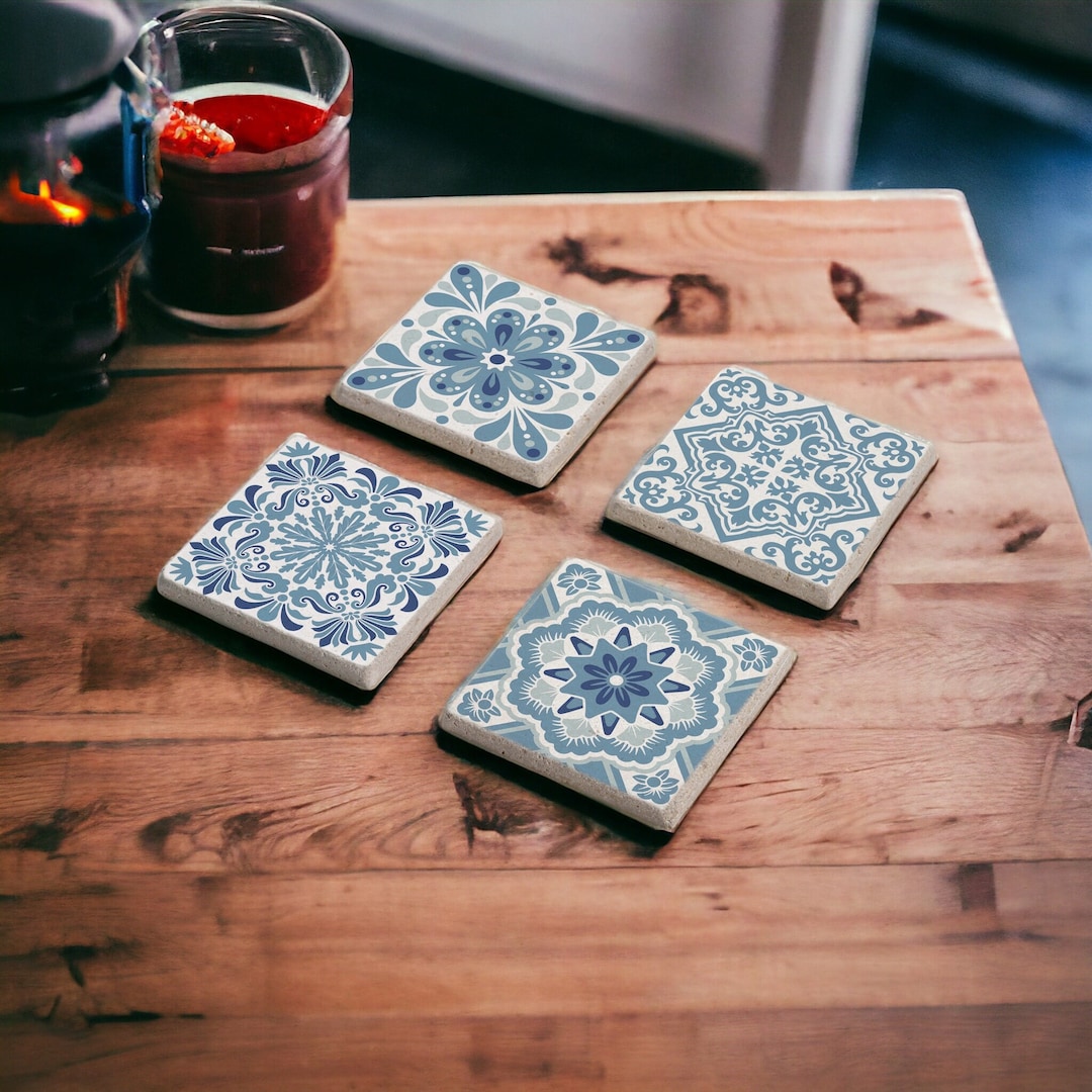 Light Blue Tile Stone Coasters, Mexican Talavera Tile Wood Coasters ...