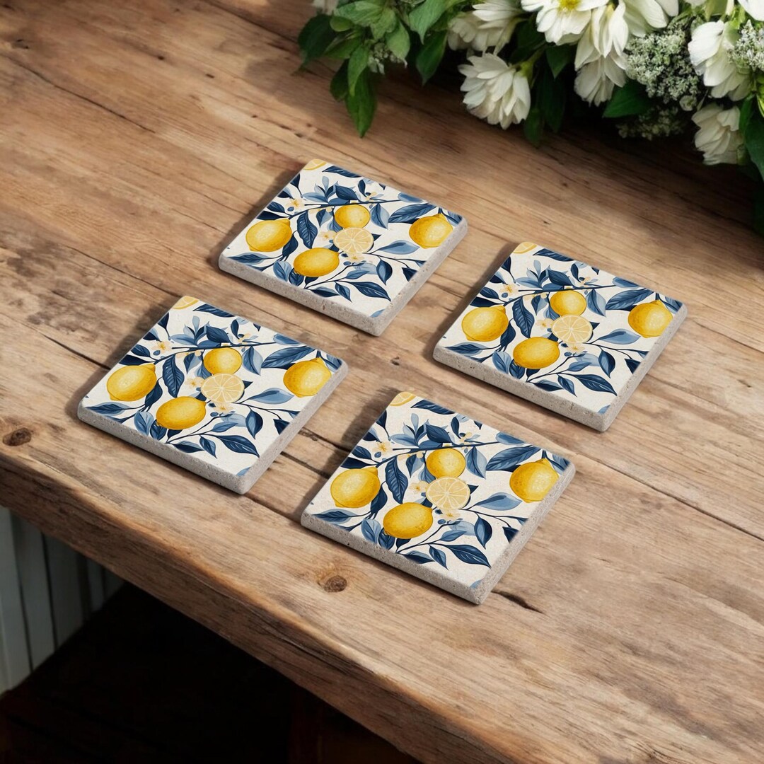 Lemon Blossom Stone Coasters, Watercolor Lemon Coaster Set, Lemon ...