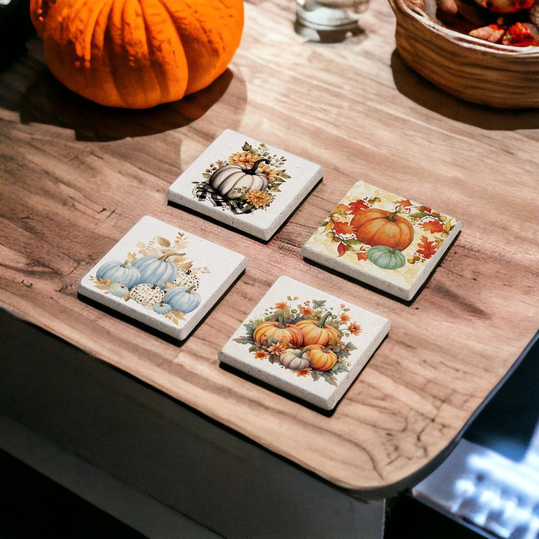 Pumpkin Fall Stone Coasters, Thanksgiving Coaster, Pumpkin Wood Coaster ...
