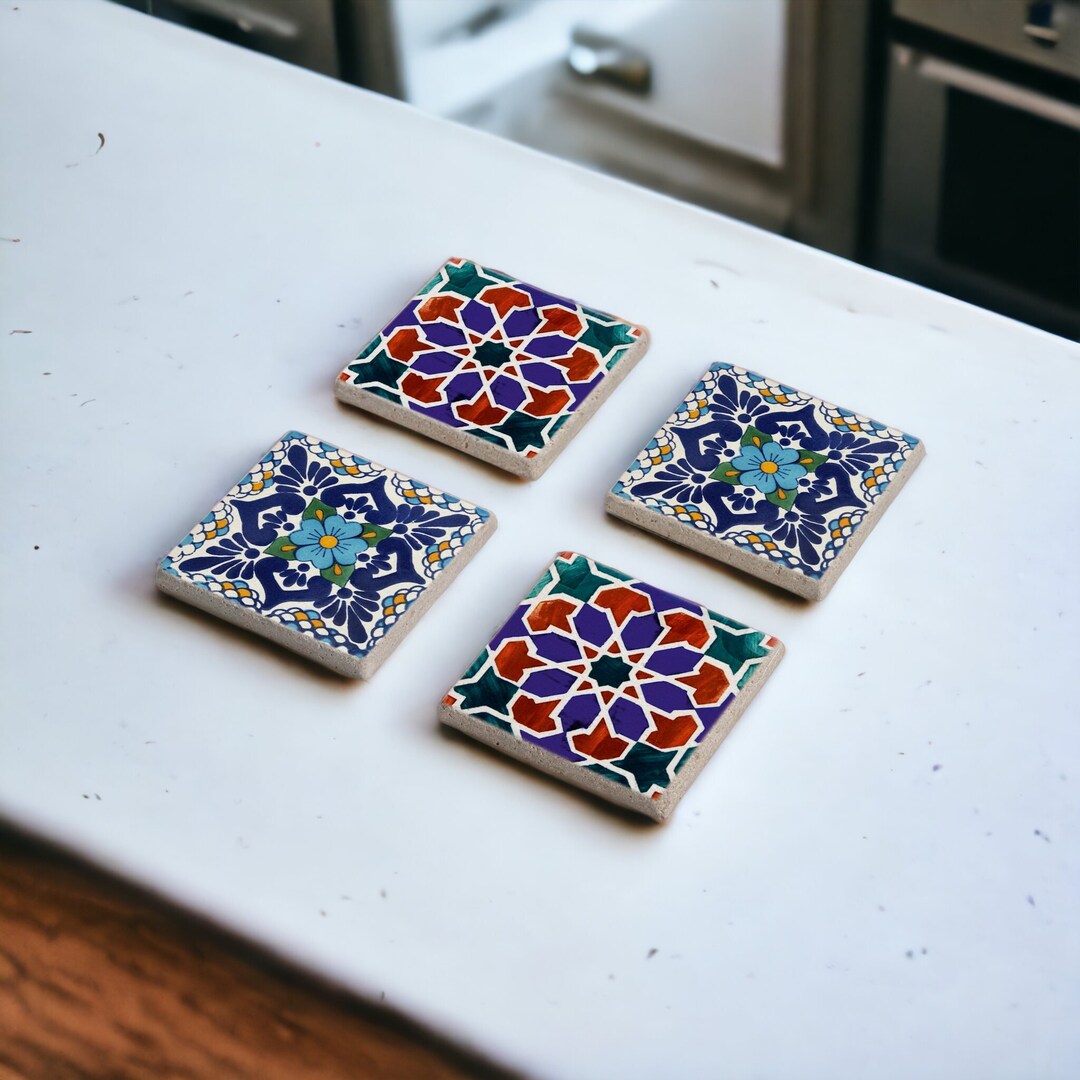 Moroccan Tile Stone Coasters Set, Mexican Talavera Tile Wood Coasters ...