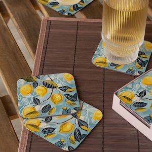 Lemon Blossom Stone Coasters, Watercolor Lemon Coaster Set, Lemon ...