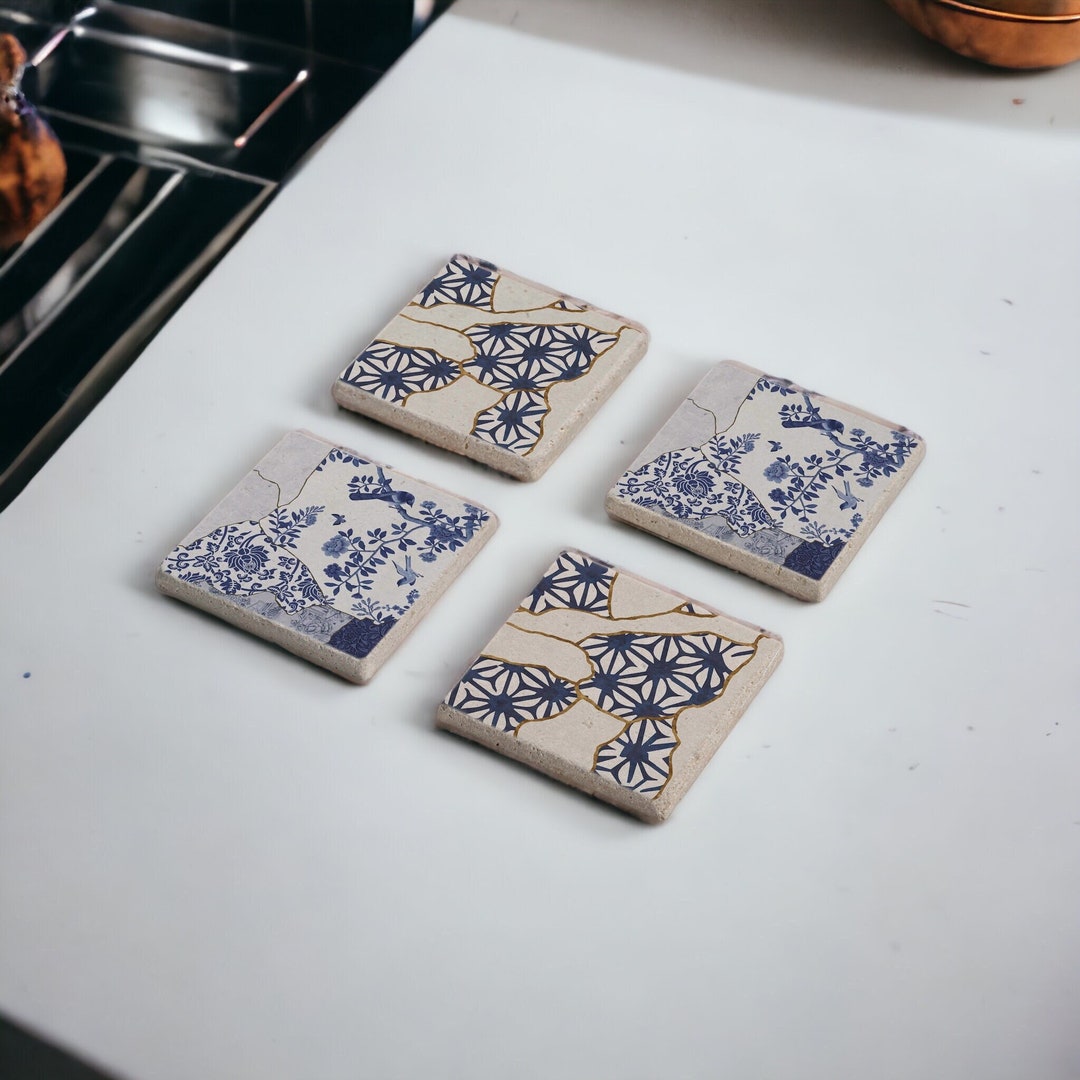 Kintsugi Stone Coasters Set, Kintsukuroi Art Wood Coasters, Kintsugi ...
