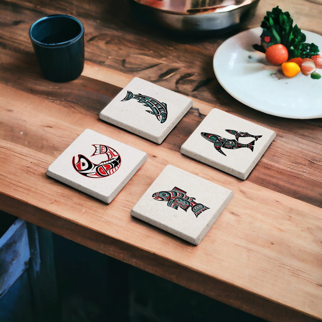 Salmon and Orcas Stone Coasters Set, Canadian Aboriginal Art Wood ...