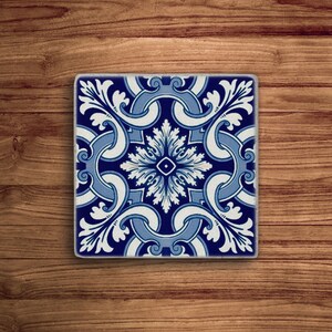 Blue Tile Stone Coasters, Cork Backing Stone Coasters Set of 4, Tile ...