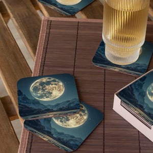 Full Moon Stone Coaster, Moon Coaster Set, Night With Moon Themed ...