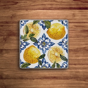 Mediterranean Lemon Tile, Watercolor Lemon Stone Coasters, Lemon ...