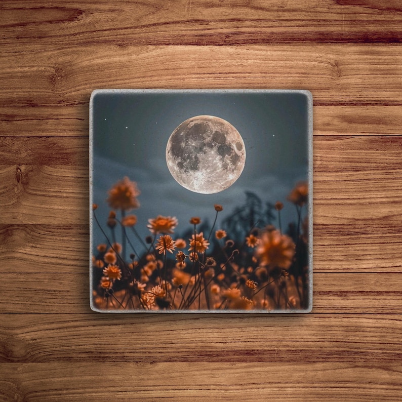 Full Moon Stone Coaster, Moon Coaster Set, Night With Moon Themed ...