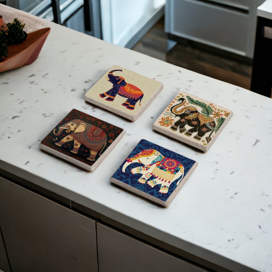 Indian Elephant Stone Coasters Set, Elephant Art Wood Coasters Set ...