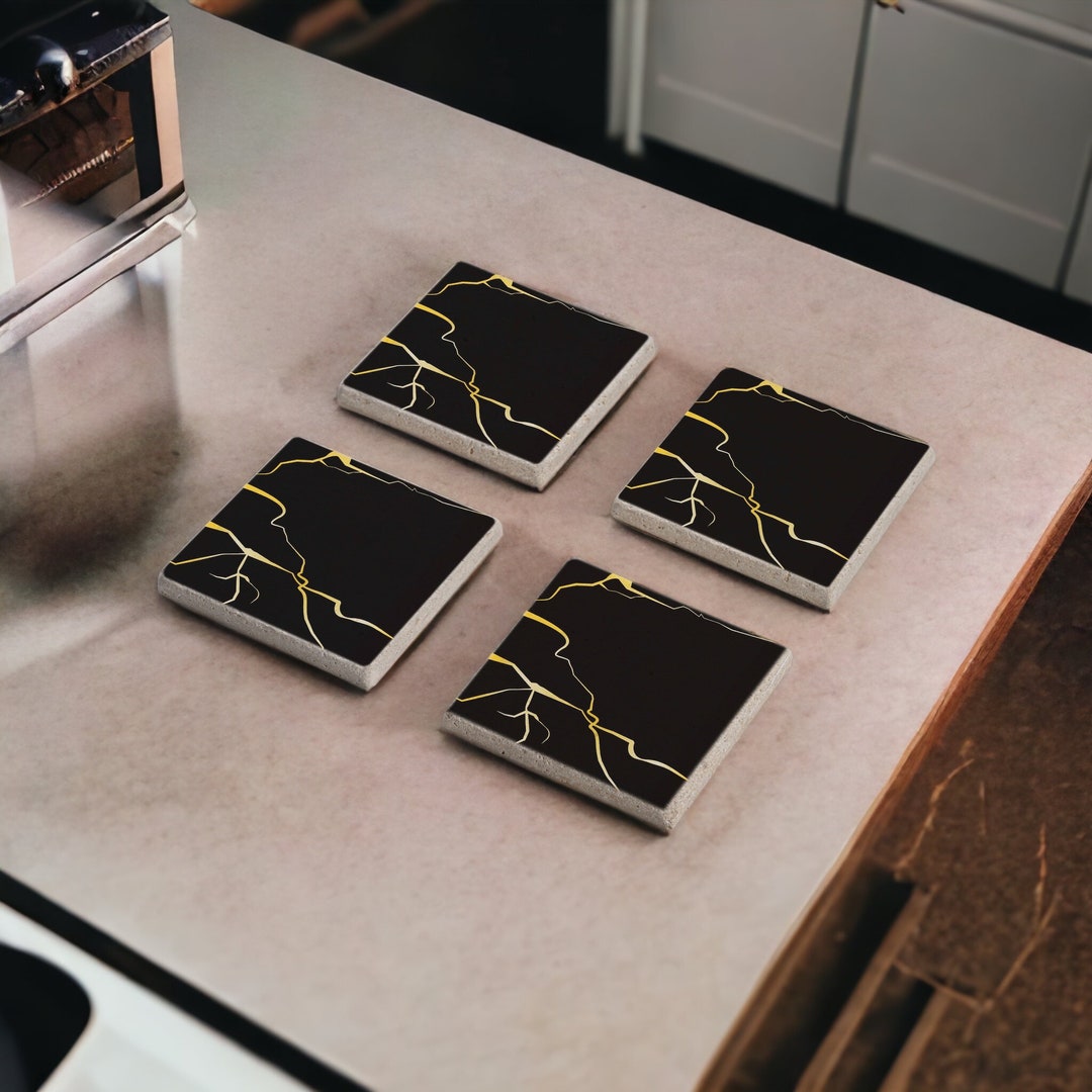 Kintsugi Stone Coasters, Kintsukuroi Art Stone Coasters Set, Black ...