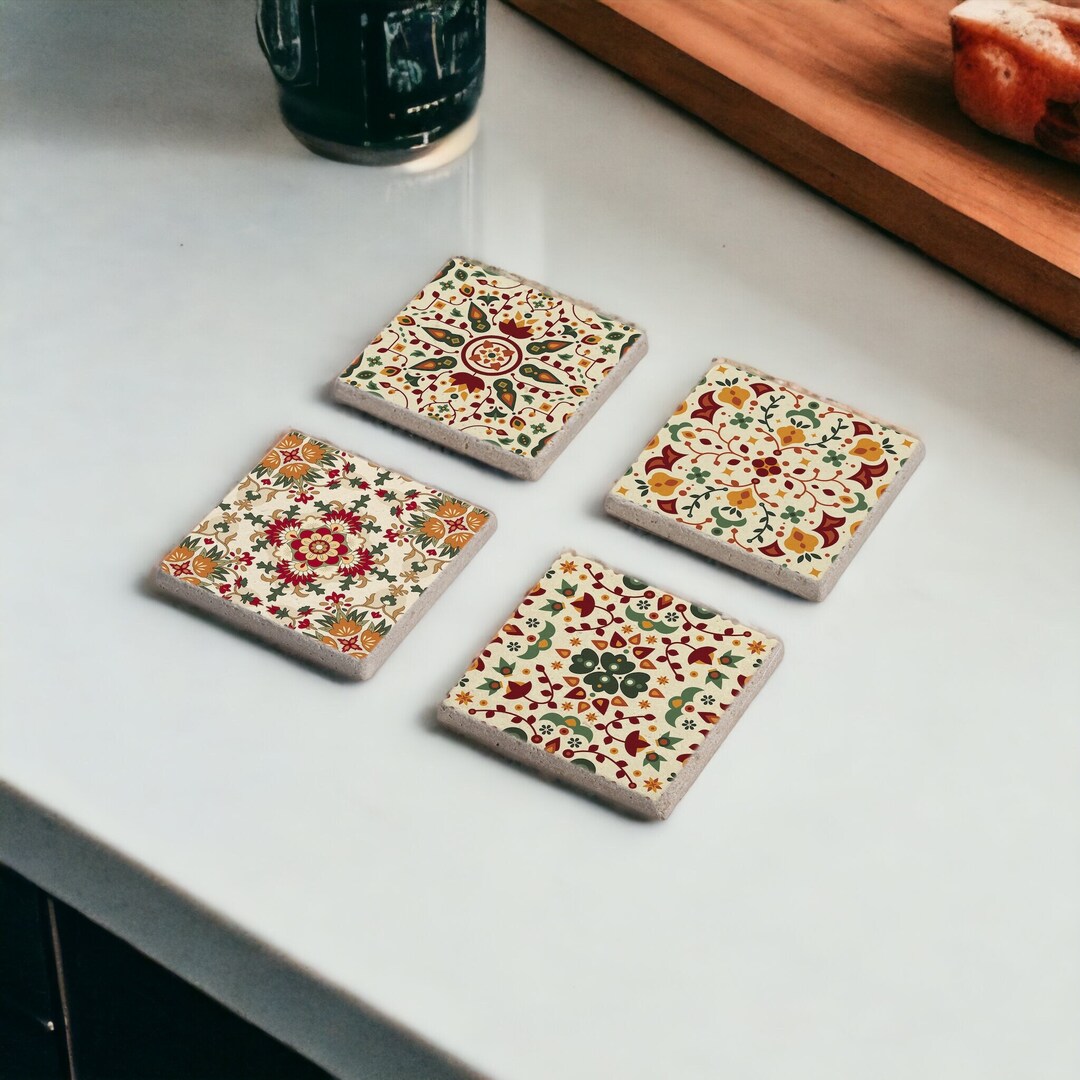 Mandala Stone Coasters, Colorful Mandala Motif Coaster Set of 4 ...