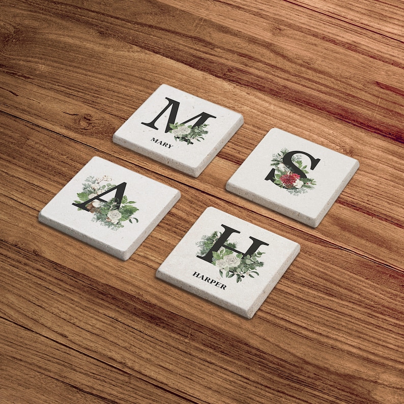 Personalised Name and Initial Letter on Stone Coasters, Custom Wood ...