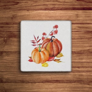 Pumpkin Fall Stone Coasters, Autumn Floral Cork Backing Coasters ...