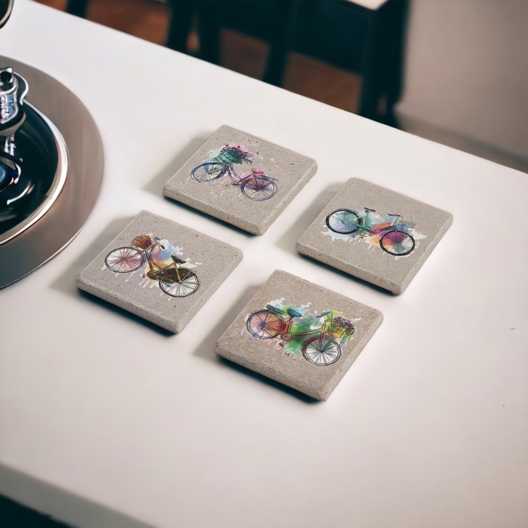 Bicycle Coasters, Vintage Bicycle Stone Coaster Set of 4, Bike Coasters ...