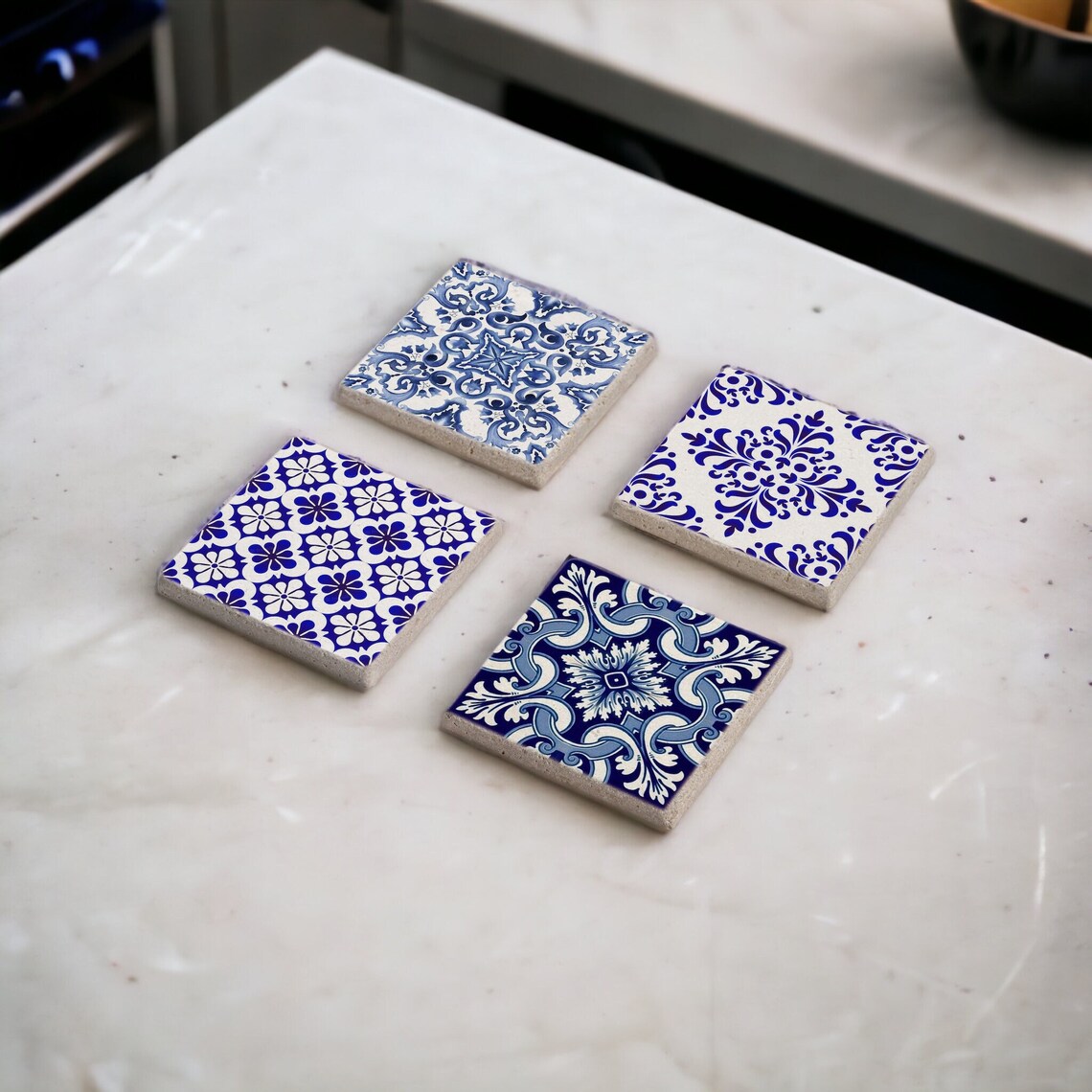 Blue Tile Stone Coasters Cork Backing Stone Coasters Set of - Etsy