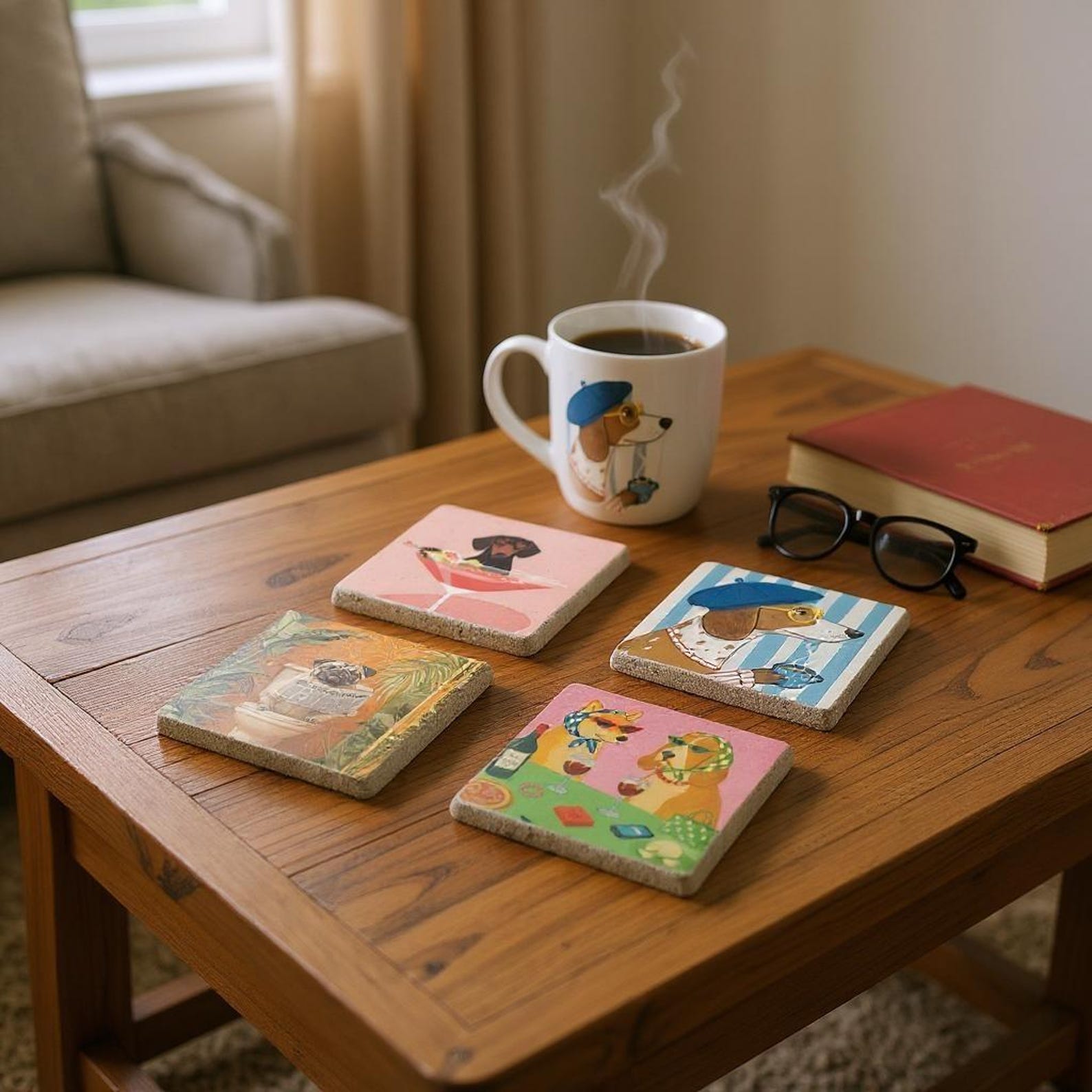 Dog Illustration Stone Coaster Set, Dogs Wood Coasters, Animal Lover ...