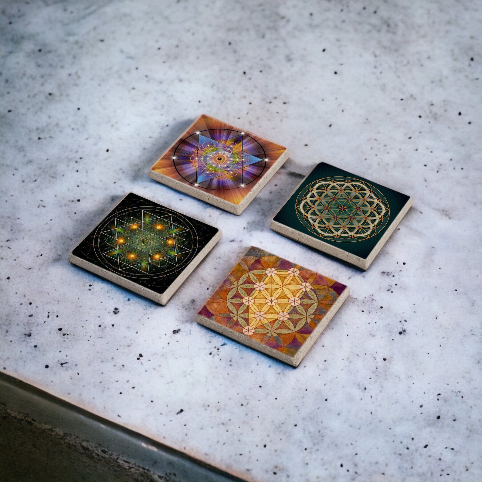 Sacred Geometry Coasters, Flower of Life Stone Coasters Set of 4, Sri ...