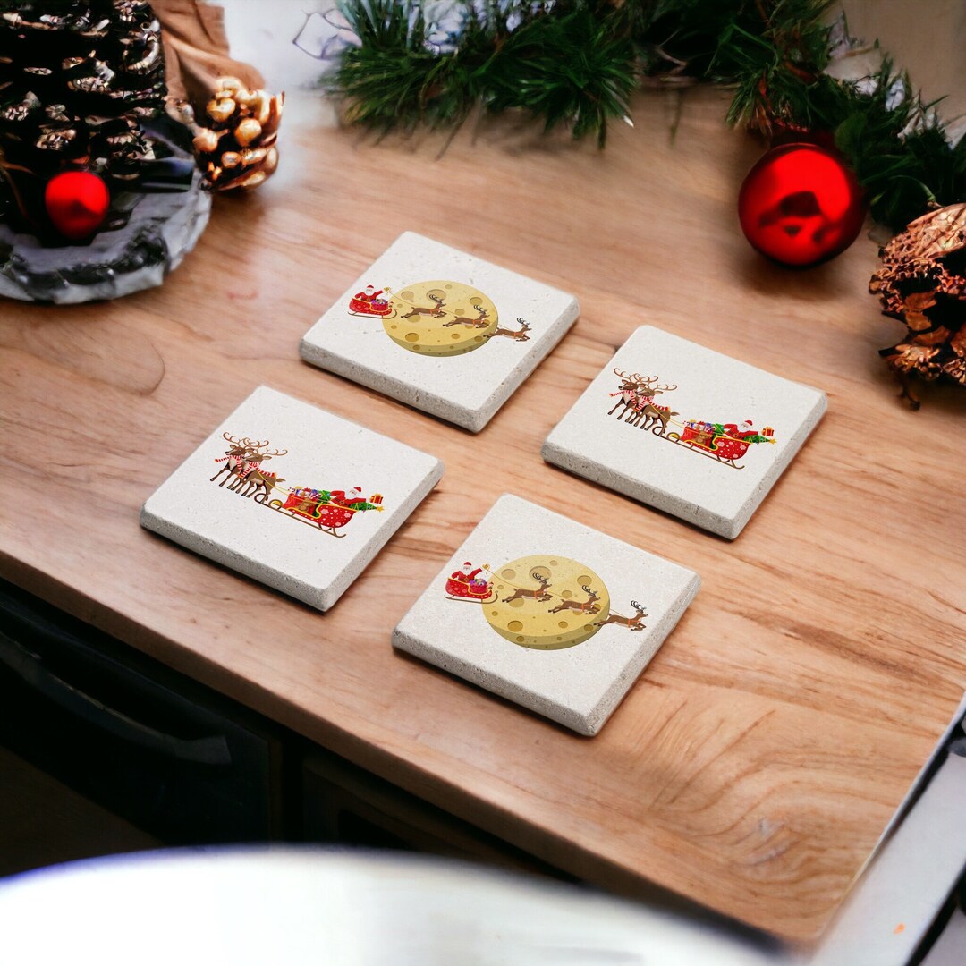 Christmas Reindeer Stone Coasters, Xmas Reindeer Coaster Set, Noel Wood ...