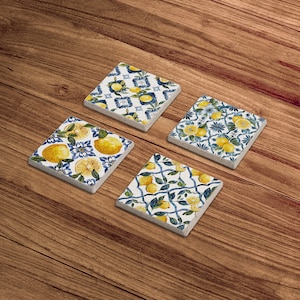 Mediterranean Lemon Tile, Watercolor Lemon Stone Coasters, Lemon ...