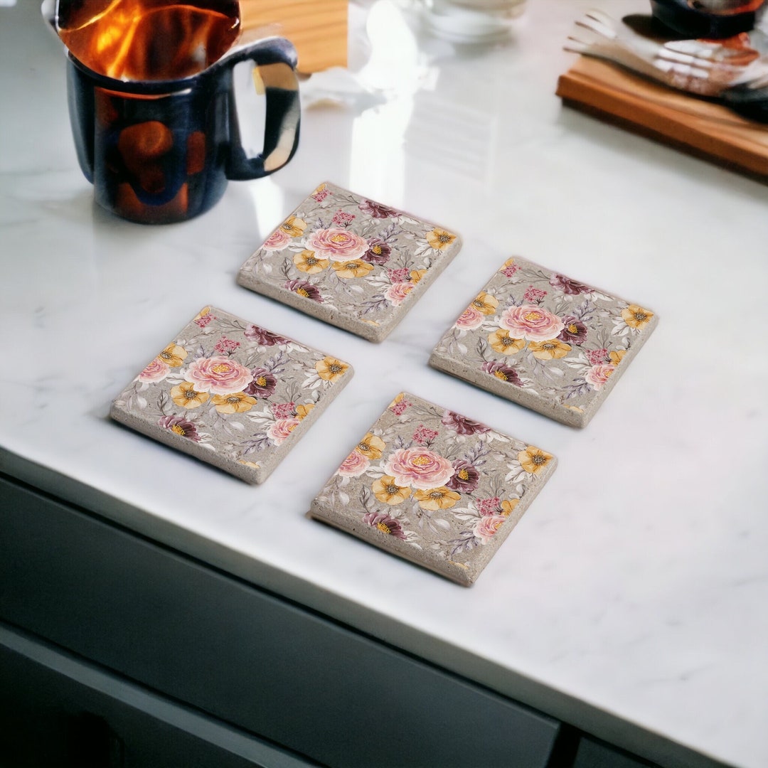 Pink Rose Stone Coasters, Bouquet of Flowers Coasters Set of 4, Pink ...