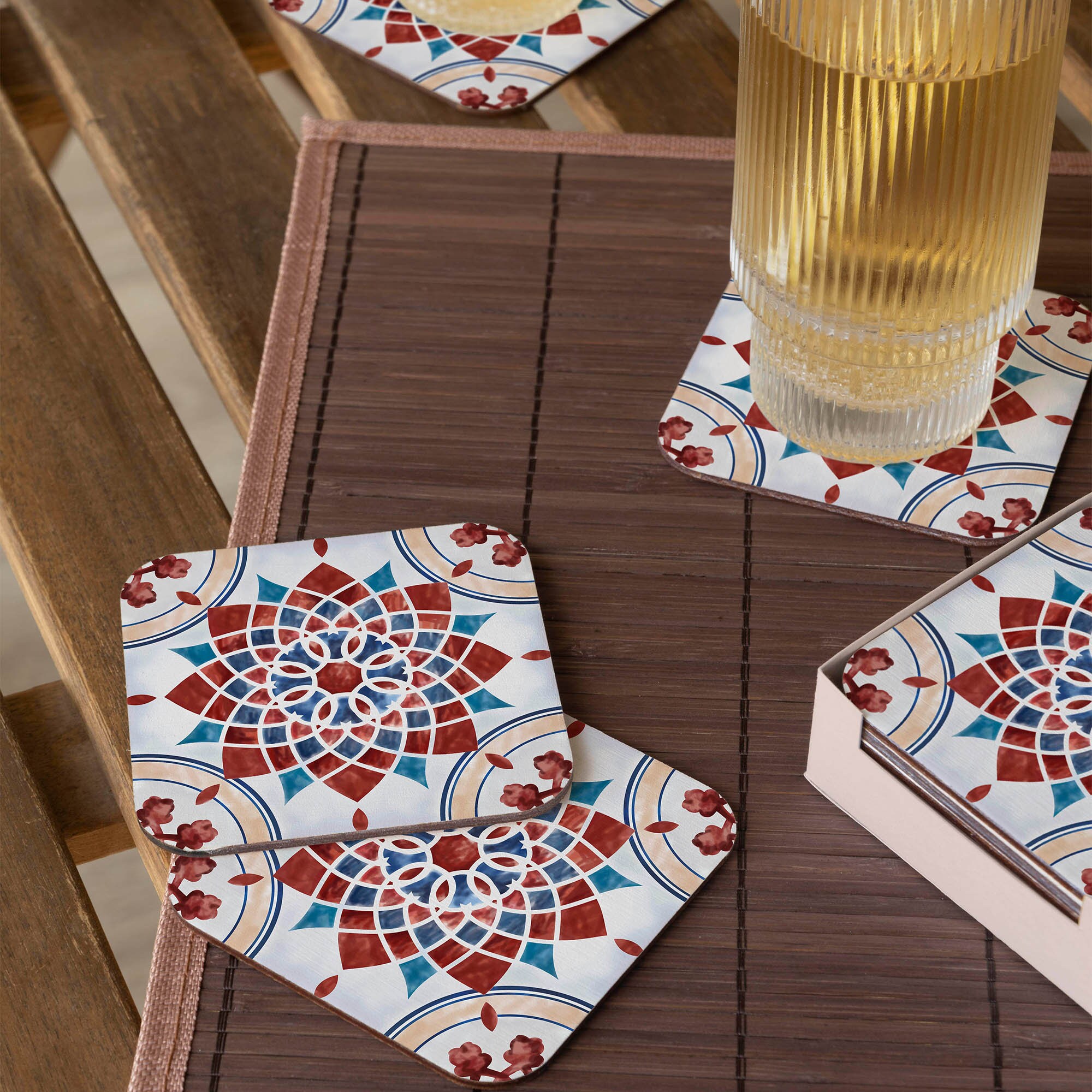 Red Blue Tile Stone Coaster Set, Mexican Talavera Tile Wood Coasters ...