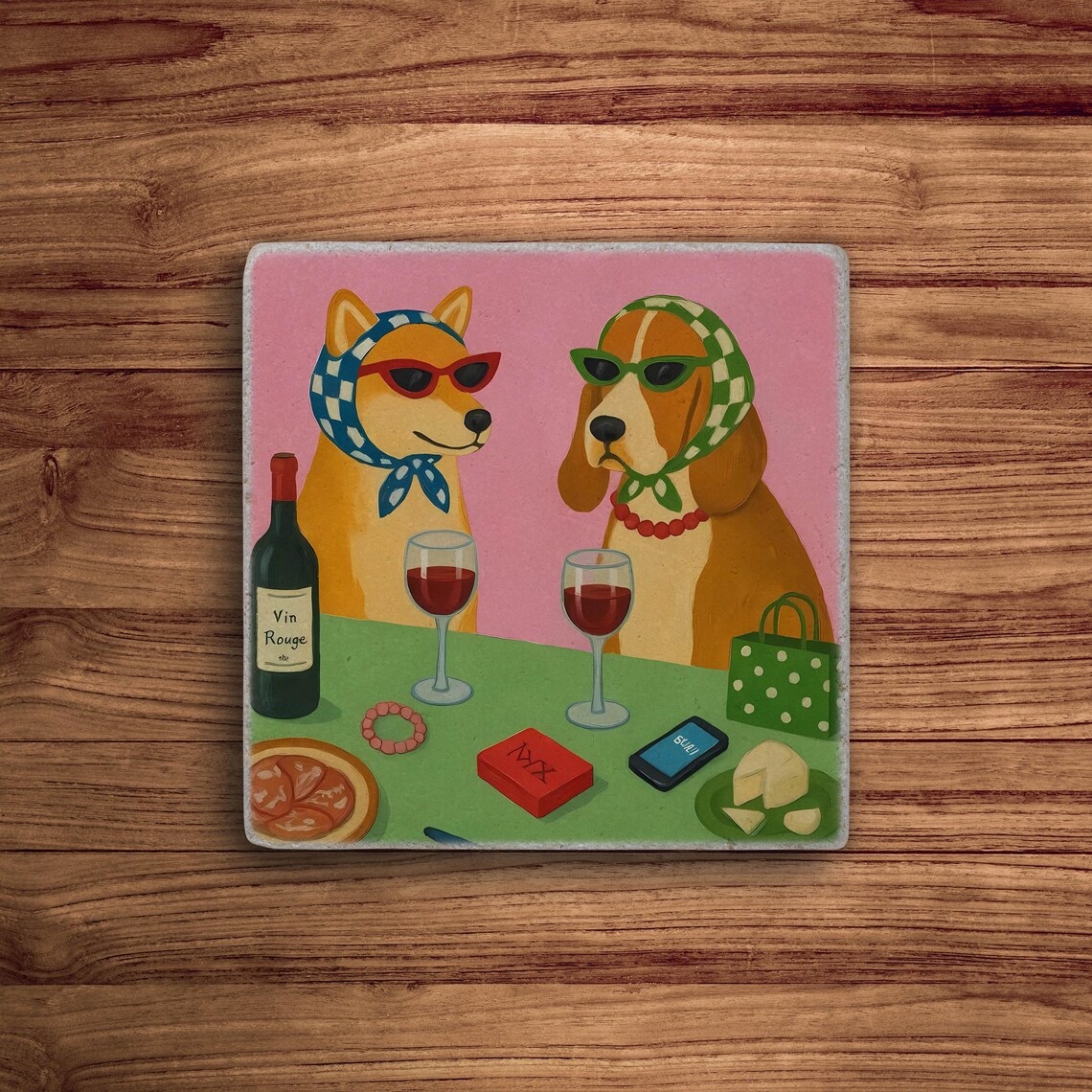 Dog Illustration Stone Coaster Set, Dogs Wood Coasters, Animal Lover ...