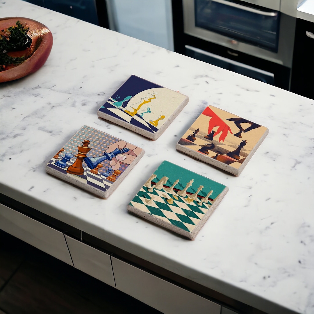 Chess Stone Coaster Set, Fun & Games Coasters Set, Chess Wooden ...