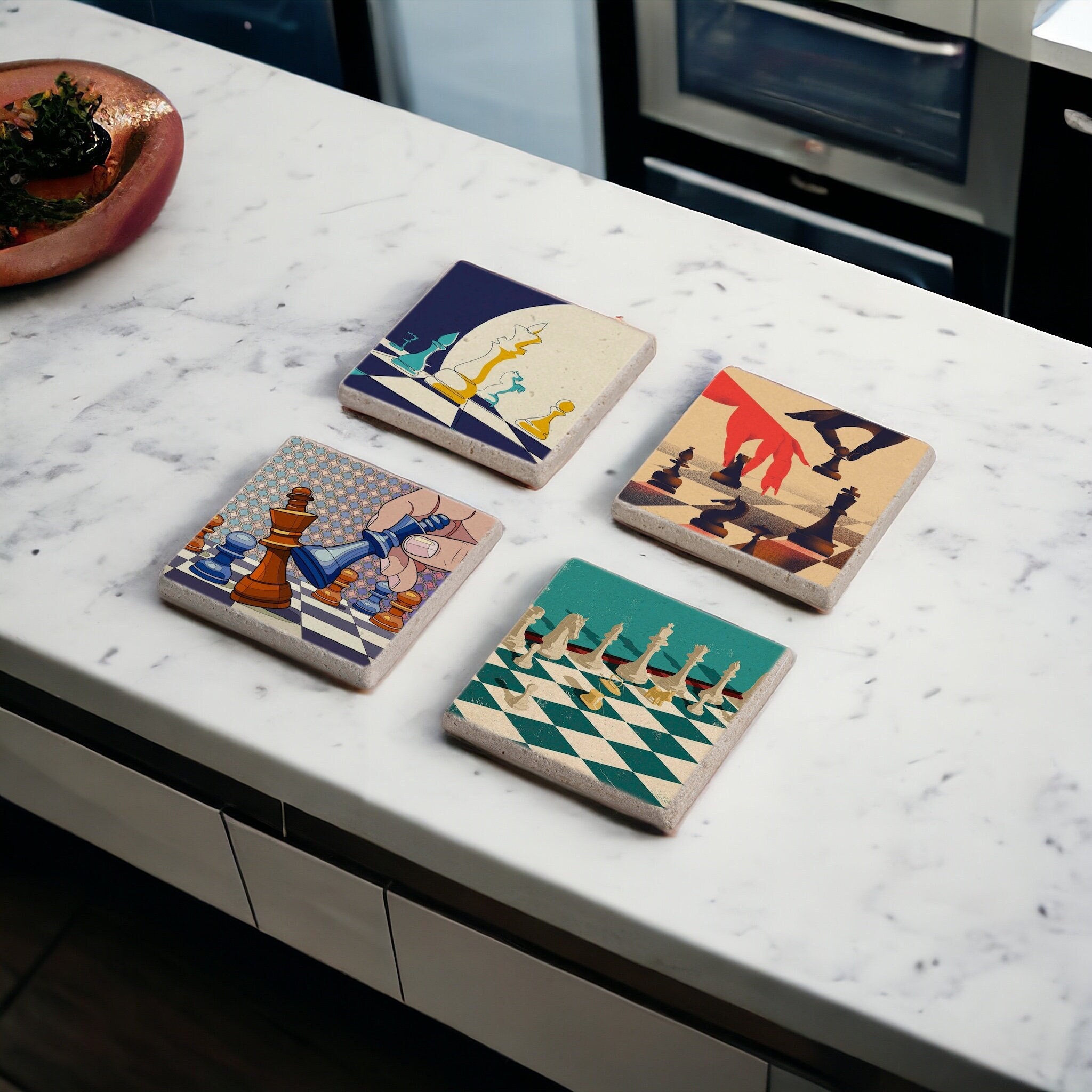 Chess Stone Coaster Set, Fun & Games Coasters Set, Chess Wooden ...
