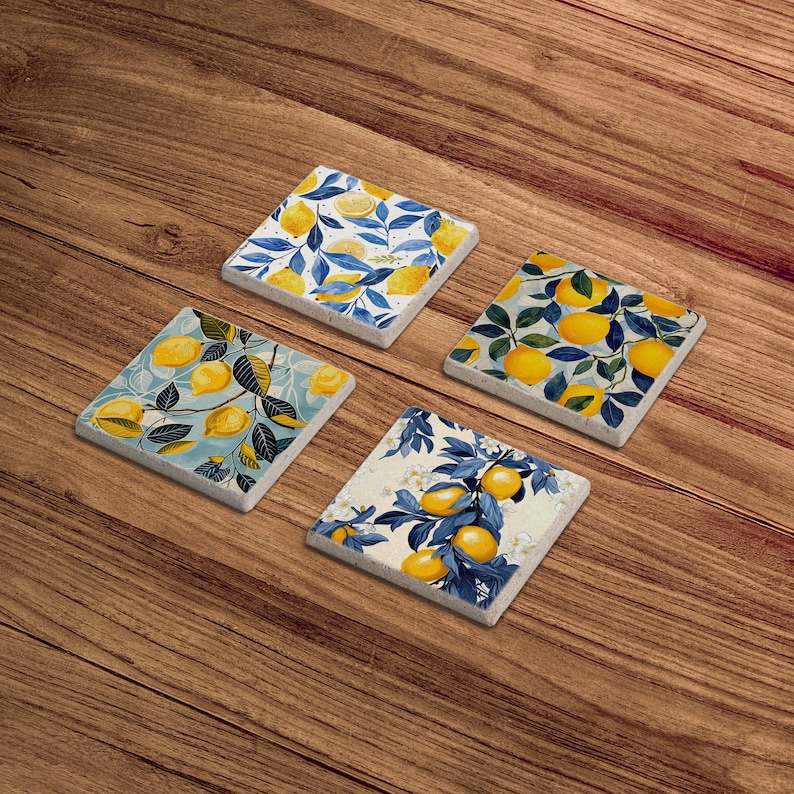 Lemon Blossom Stone Coasters, Watercolor Lemon Coaster Set, Lemon ...