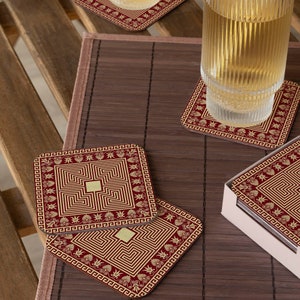 Greek Ornament Stone Coasters, Illustration of Maze Coasters Set ...