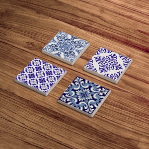 Blue Tile Stone Coasters, Cork Backing Stone Coasters Set of 4, Tile ...