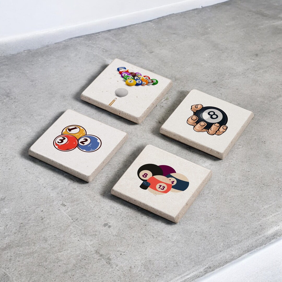 Billiards Stone Coaster Set, Pool and Billiard Cue Ball Coasters ...