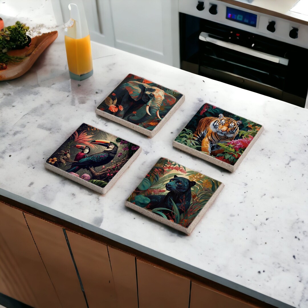 Jungle Animals Stone Coasters, Jungle Wood Coasters Set, Elephant ...