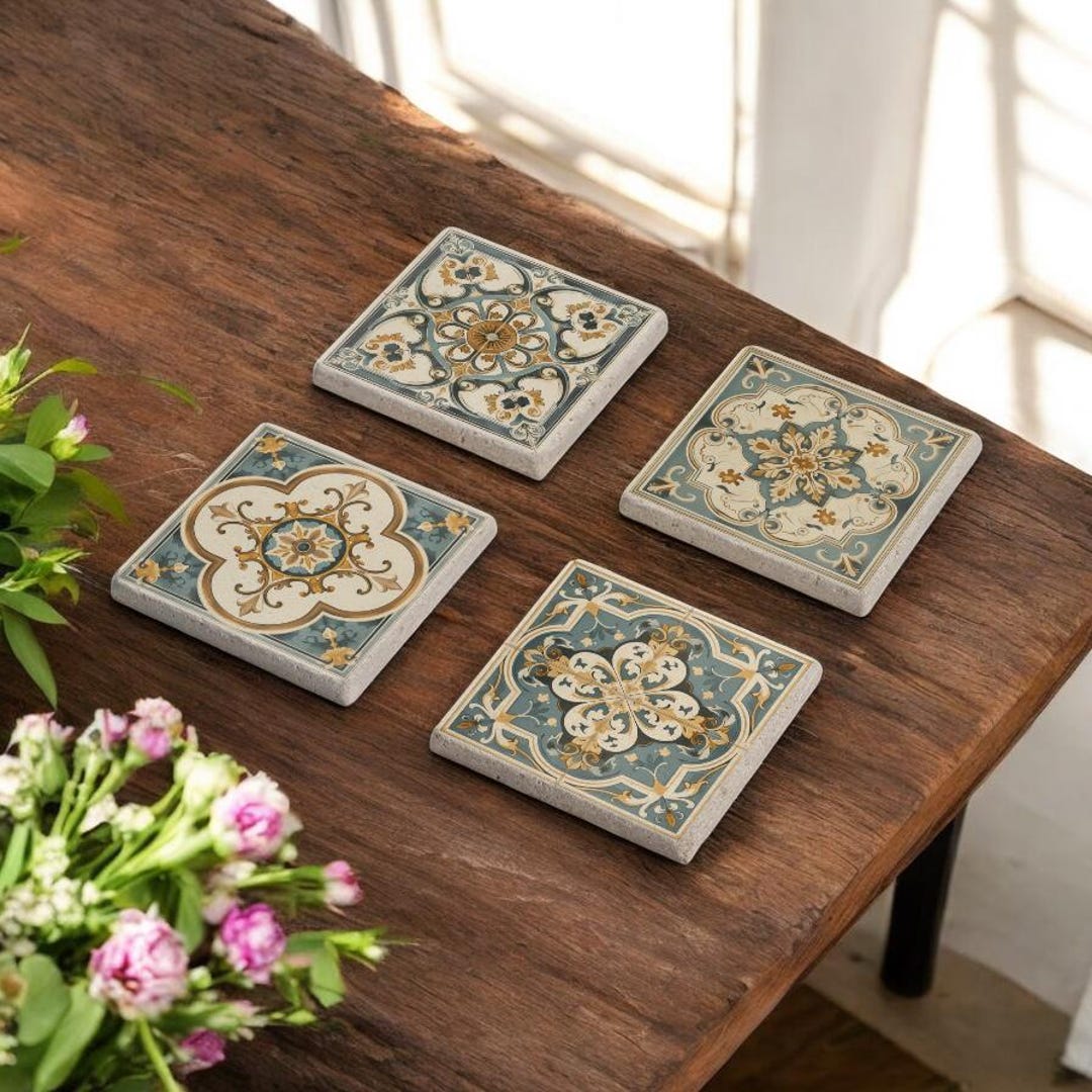 Green Tile Stone Coaster Set, Vintage Green Tile, Mexican Talavera ...