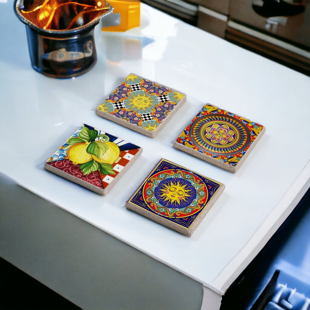 Italian Tile Stone Coaster Set, Siciliano Tile Wood Coasters, Tile ...