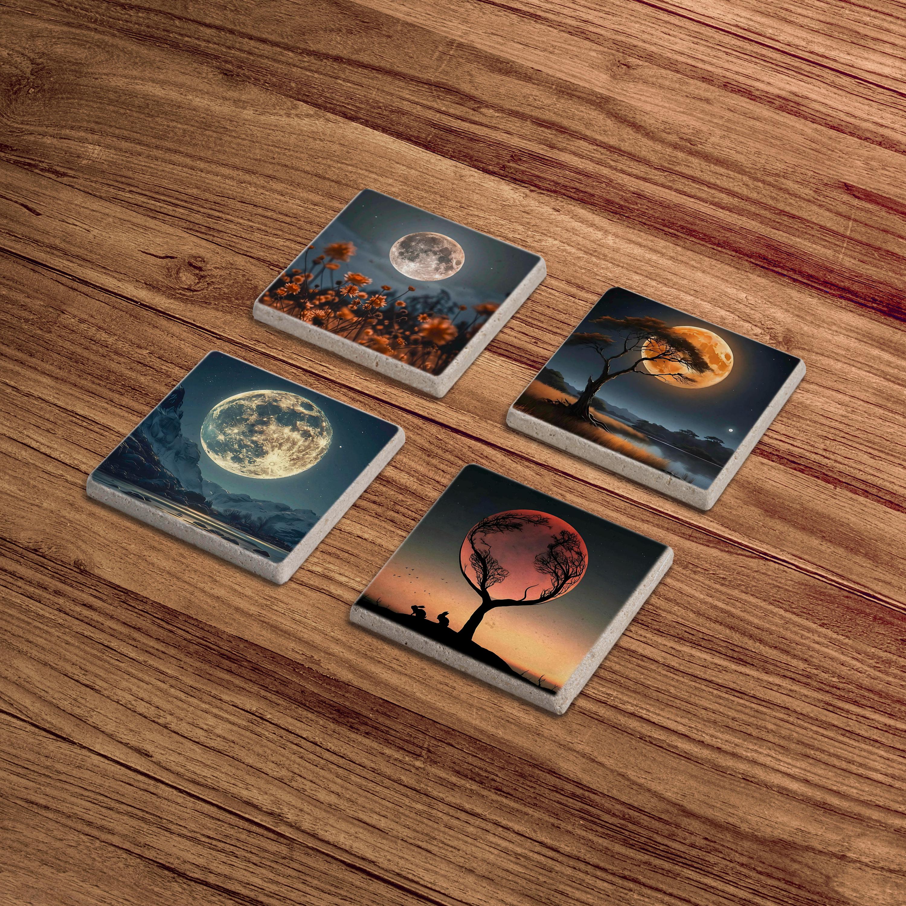 Full Moon Stone Coaster, Moon Coaster Set, Night With Moon Themed ...