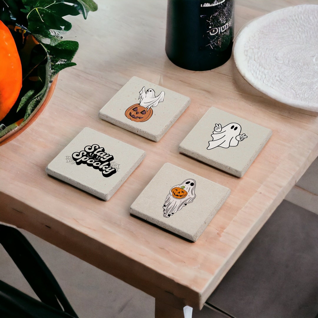 Spooky Ghost Stone Coasters Set, Pumpkin Wood Coasters, Halloween ...