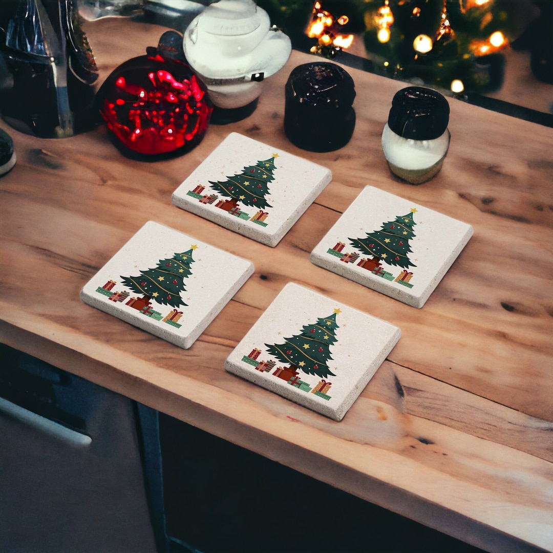 Christmas Tree Stone Coasters, Noel Coaster Set, Christmas Tree Wood ...