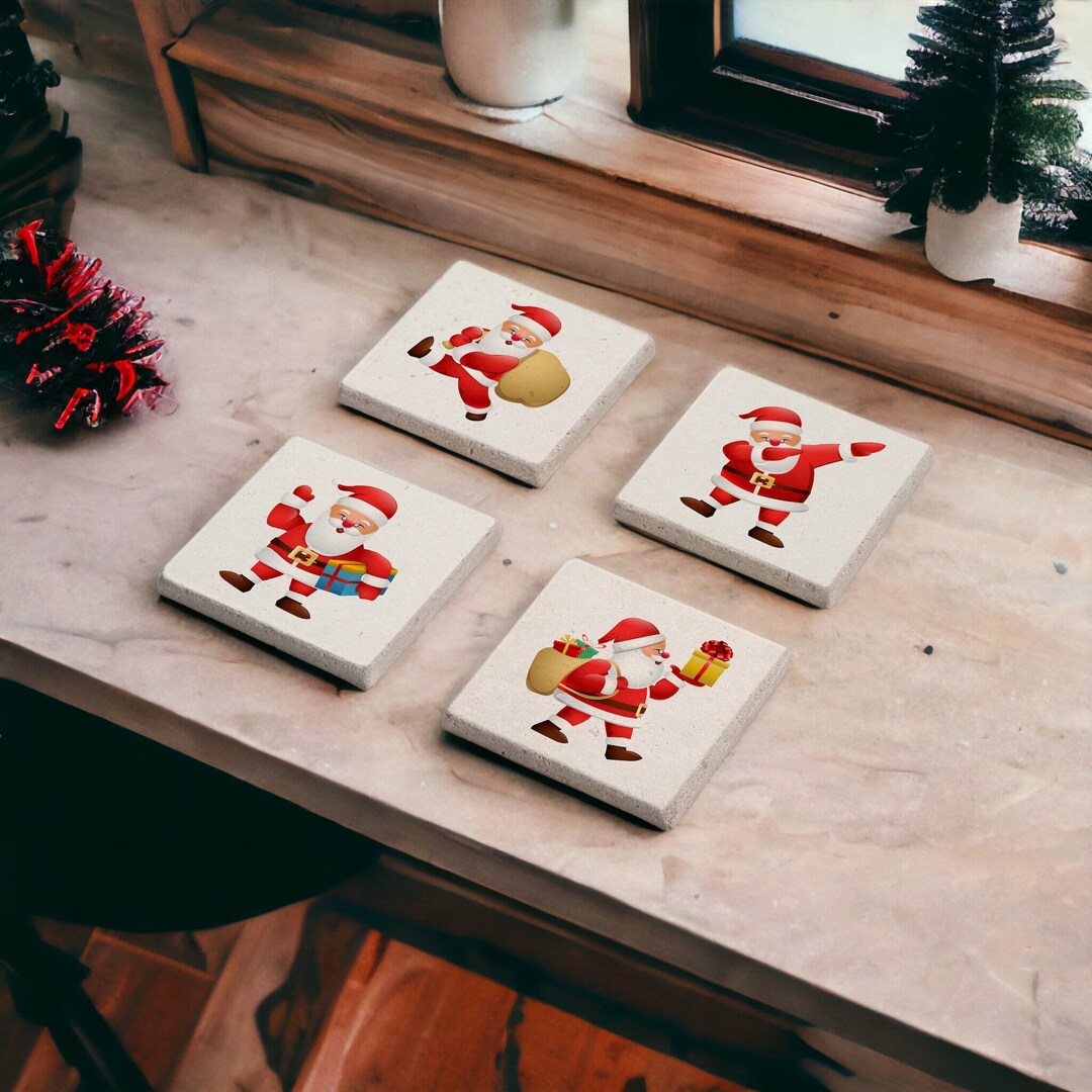 Santa Claus Stone Coasters, Santa Claus Wood Coaster Set, Christmas ...