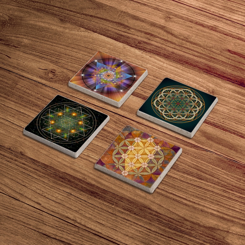 Sacred Geometry Coasters, Flower of Life Stone Coasters Set of 4, Sri ...
