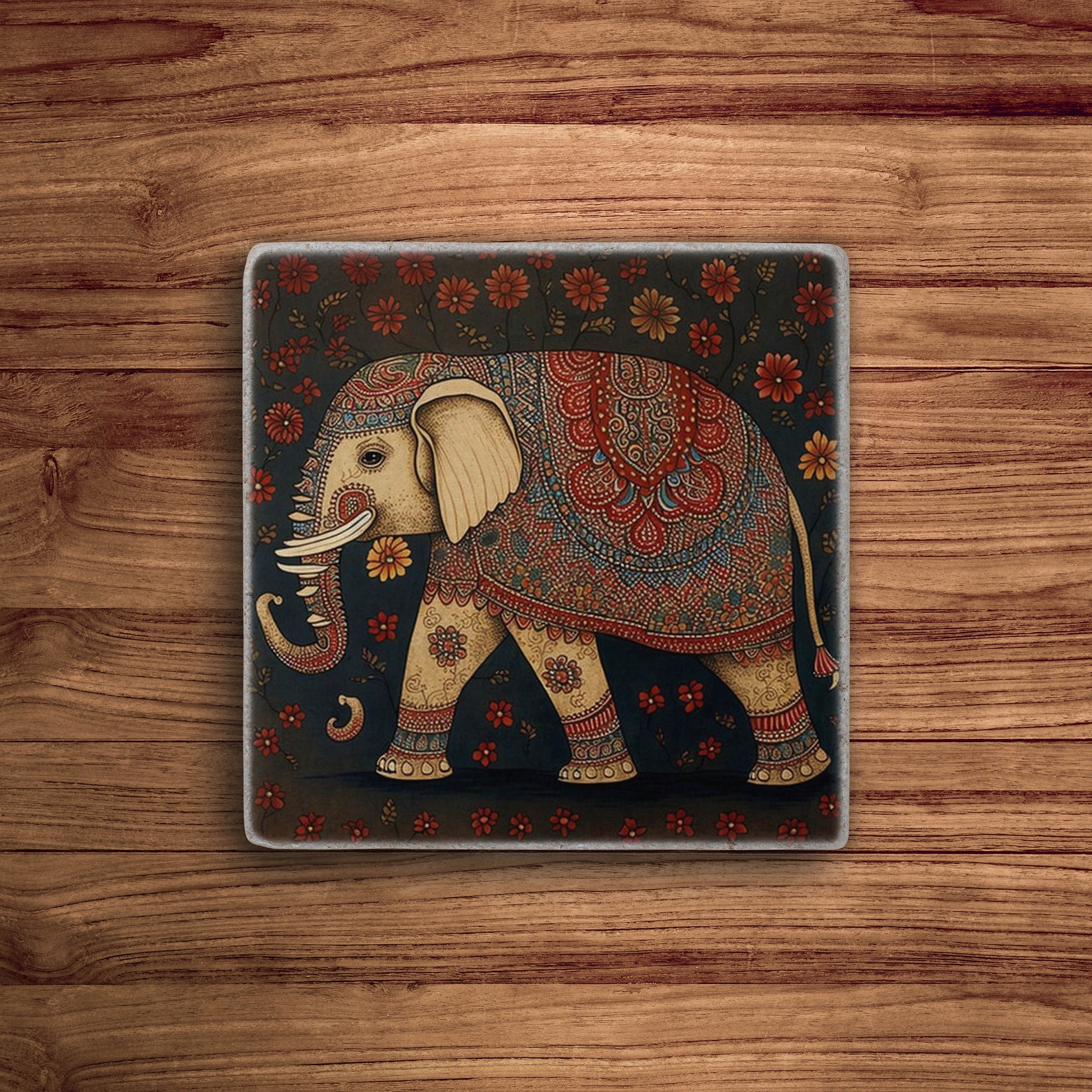 Indian Elephant Stone Coasters Set, Elephant Art Wood Coasters Set ...